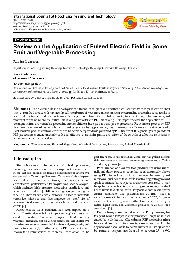 (PDF) Review on the Application of Pulsed Electric Field in Some Fruit and Vegetable Processing