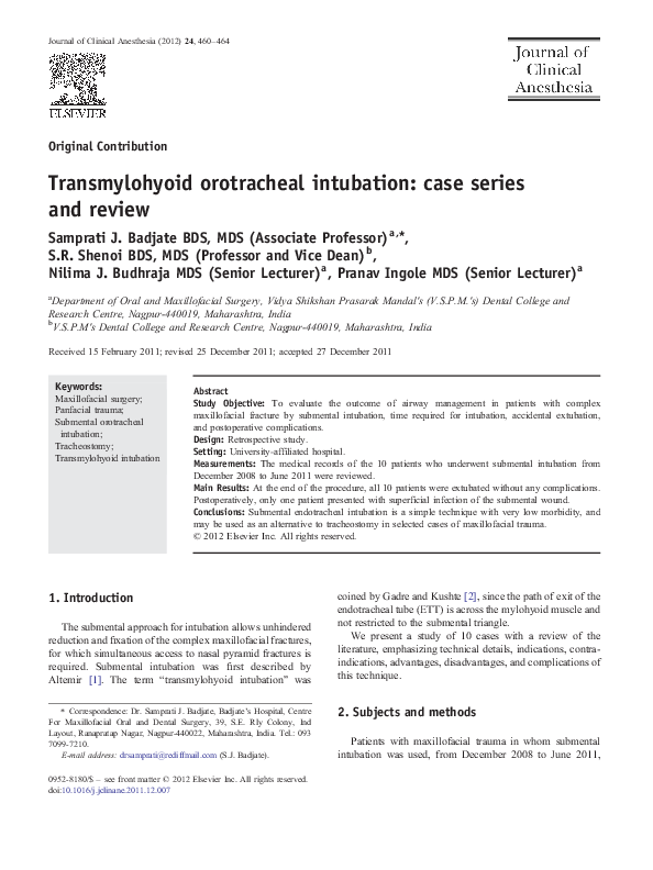 (PDF) Transmylohyoid orotracheal intubation: case series and review