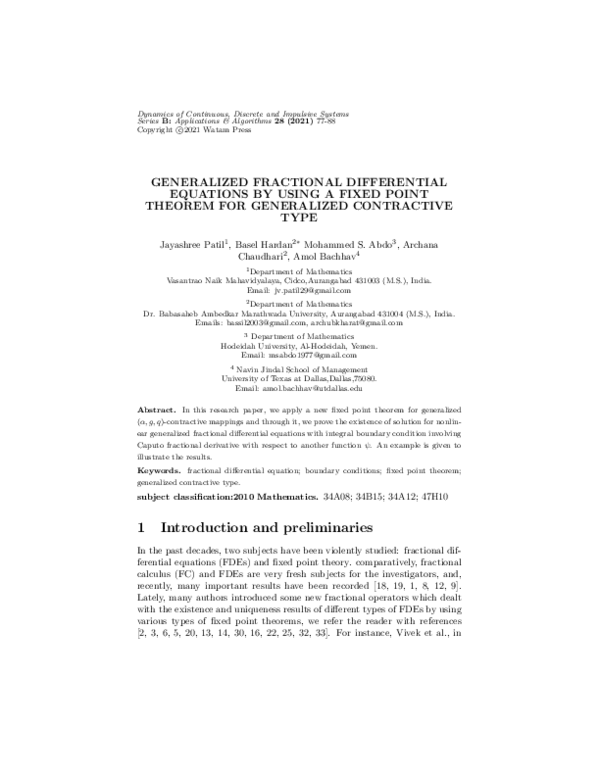 (PDF) GENERALIZED FRACTIONAL DIFFERENTIAL EQUATIONS BY USING A FIXED POINT THEOREM FOR ...