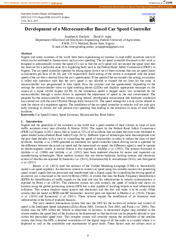 (PDF) Development of a Microcontroller Based Car Speed Controller