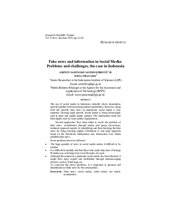 (PDF) Fake news and information in Social Media: Problems and ...