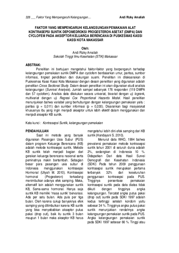 (PDF) Faktor Yang Mempengaruhi Kelangsungan Pemakaian Alat Kontrasepsi Suntik Depomedroksi ...