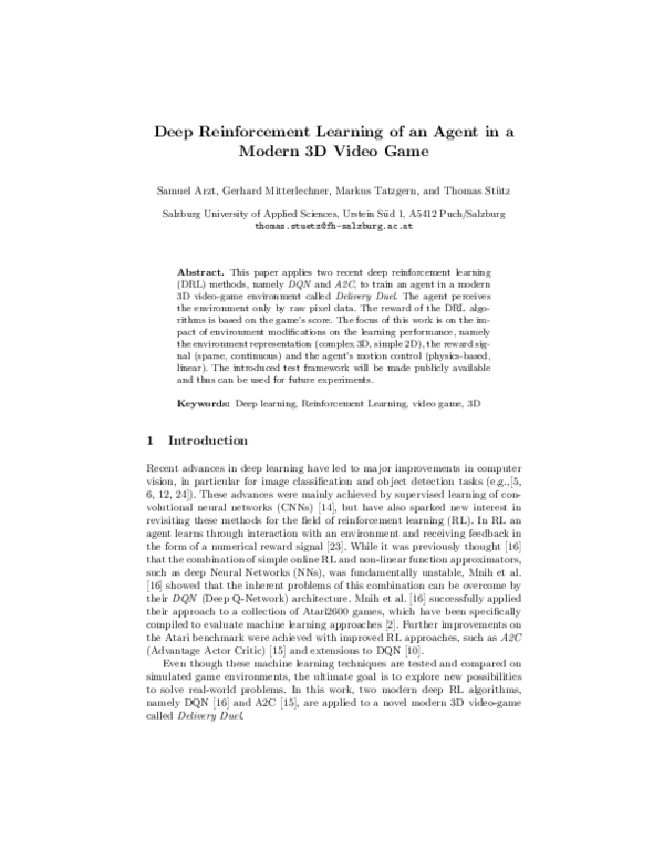 Pdf Deep Reinforcement Learning Of An Agent In A Modern 3d Video Game