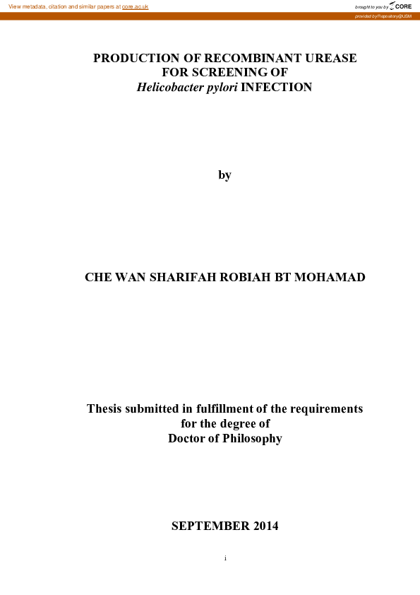 (PDF) Production Of Recombinant Urease For Screening Of Helicobacter ...