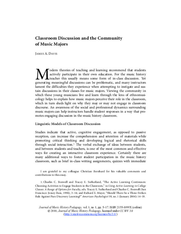 (PDF) Classroom Discussion and the Community of Music Majors