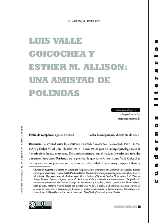 (PDF) Luis Valle Goicochea y Esther M. Allison: una amistad de polendas