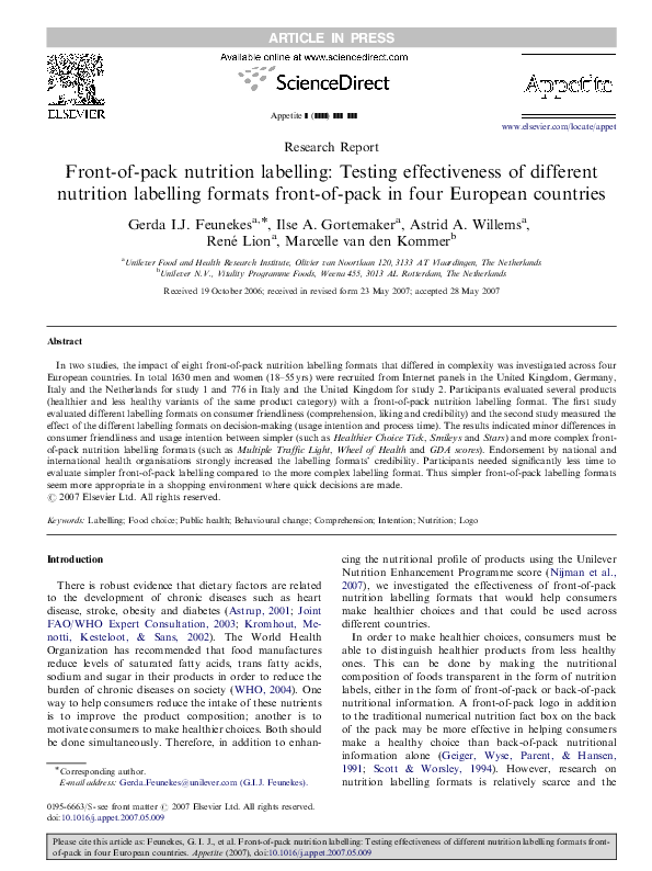 (PDF) Front-of-pack nutrition labelling: Testing effectiveness of ...