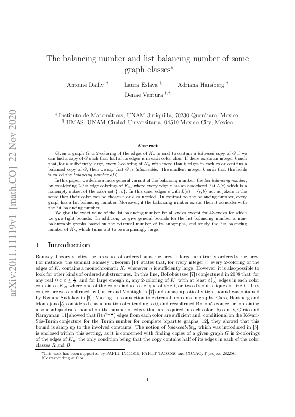 (PDF) The balancing number and list balancing number of some graph classes