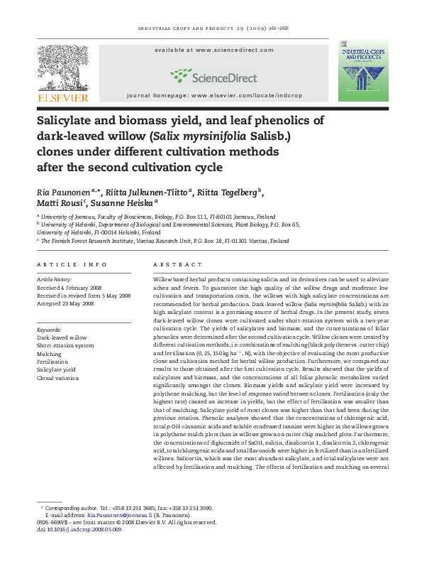(PDF) Salicylate and biomass yield, and leaf phenolics of dark-leaved willow (Salix myrsinifolia ...
