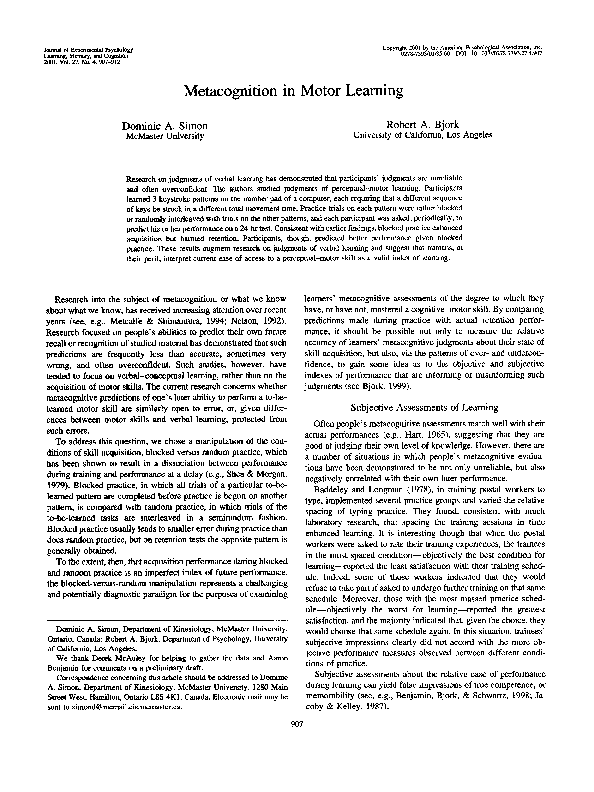 (PDF) Metacognition in motor learning