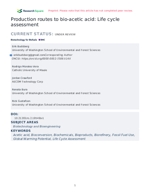 (PDF) Production routes to bio-acetic acid: Life cycle assessment