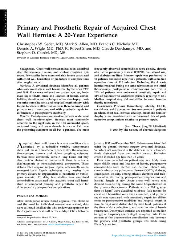 (PDF) Primary and prosthetic repair of acquired chest wall hernias: a ...