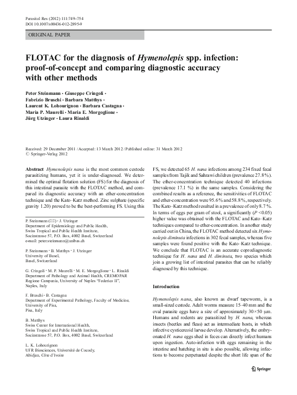 (PDF) FLOTAC for the diagnosis of Hymenolepis spp. infection: proof-of ...