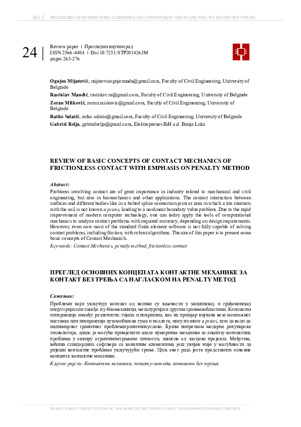 (PDF) Review of Basic Concepts of Contact Mechanics of Frictionless ...