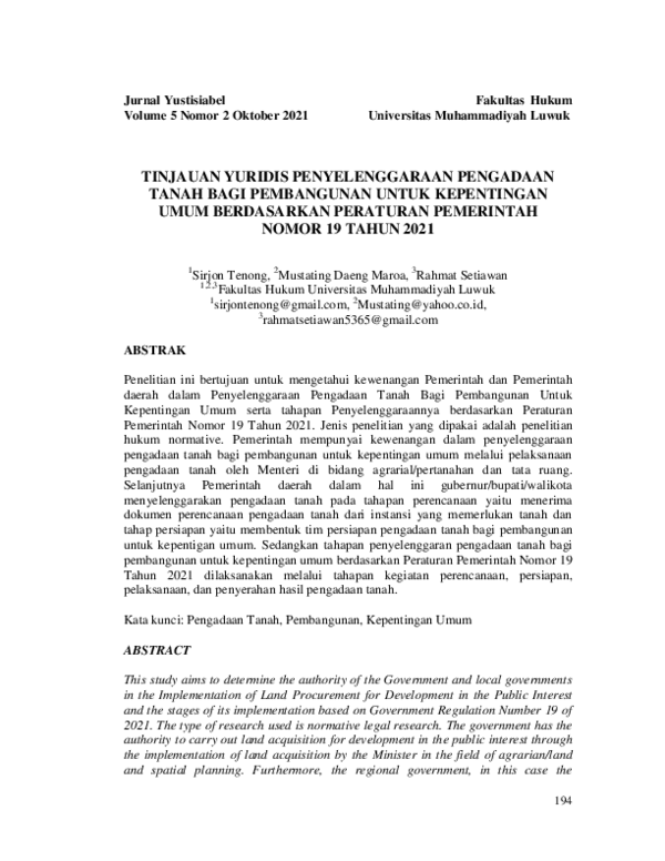 (PDF) Tinjauan Yuridis Penyelenggaraan Pengadaan Tanah Bagi Pembangunan ...