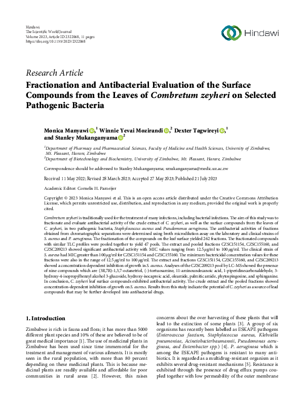 (PDF) Fractionation and Antibacterial Evaluation of the Surface Compounds from the Leaves of ...