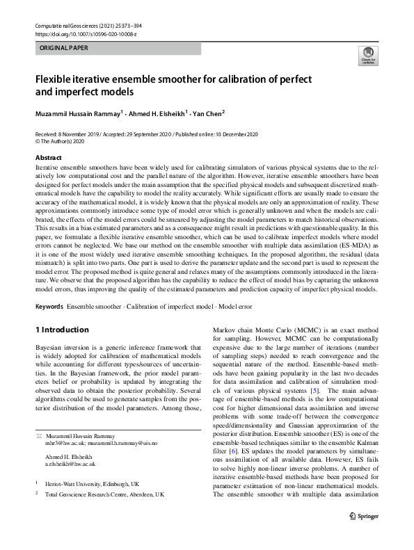 (PDF) Flexible iterative ensemble smoother for calibration of perfect and imperfect models