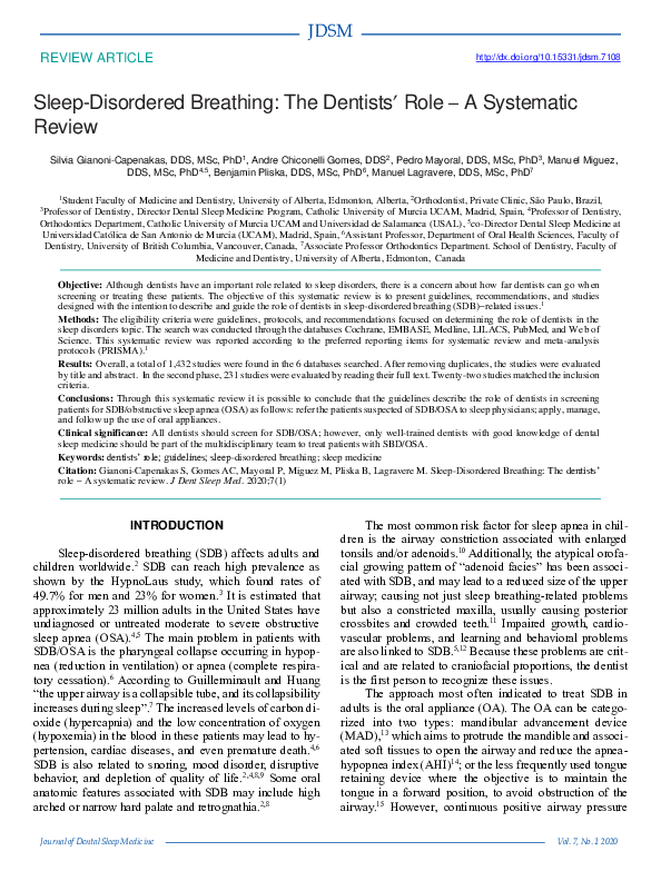 Pdf Sleep Disordered Breathing The Dentists Role A Systematic Review