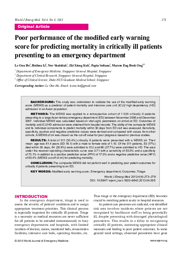 (PDF) Poor performance of the modified early warning score for ...