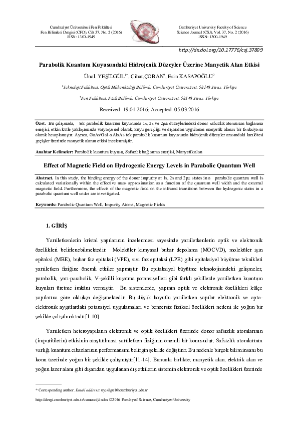 (PDF) Parabolik Kuantum Kuyusundaki Hidrojenik Düzeyler Üzerine ...
