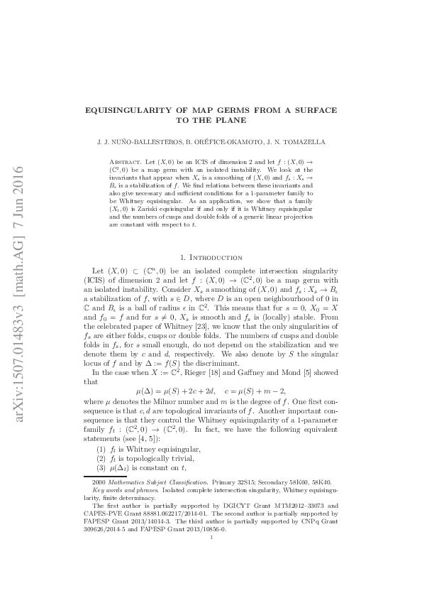 (PDF) Equisingularity of map germs from a surface to the plane
