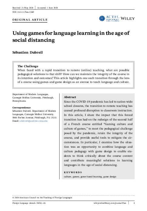 (PDF) Using games for language learning in the age of social distancing