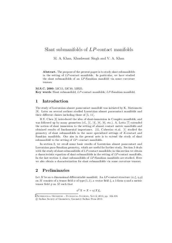 (PDF) Slant submanifolds of LP-contact manifolds