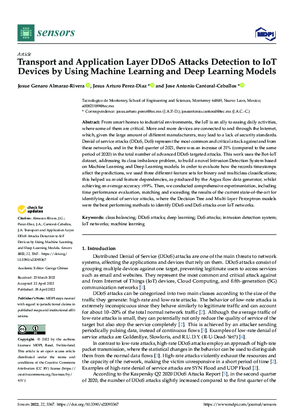 Pdf Transport And Application Layer Ddos Attacks Detection To Iot