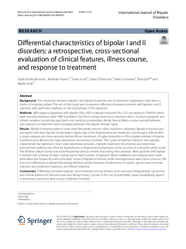 (PDF) Differential characteristics of bipolar I and II disorders: a retrospective, cross ...