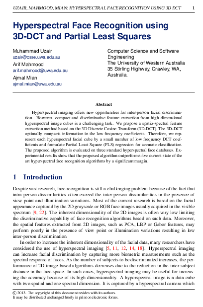 (PDF) Hyperspectral Face Recognition using 3D-DCT and Partial Least Squares