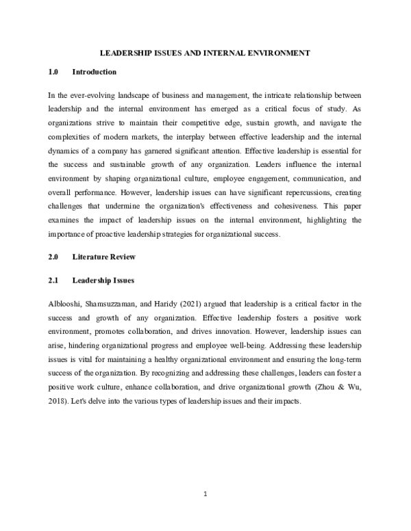 (DOC) LEADERSHIP ISSUES AND INTERNAL ENVIRONMENT