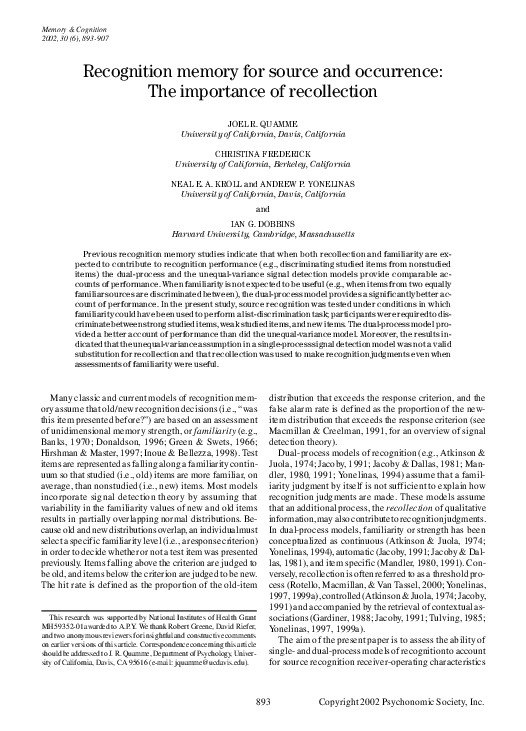 (PDF) Recognition memory for source and occurrence: The importance of ...