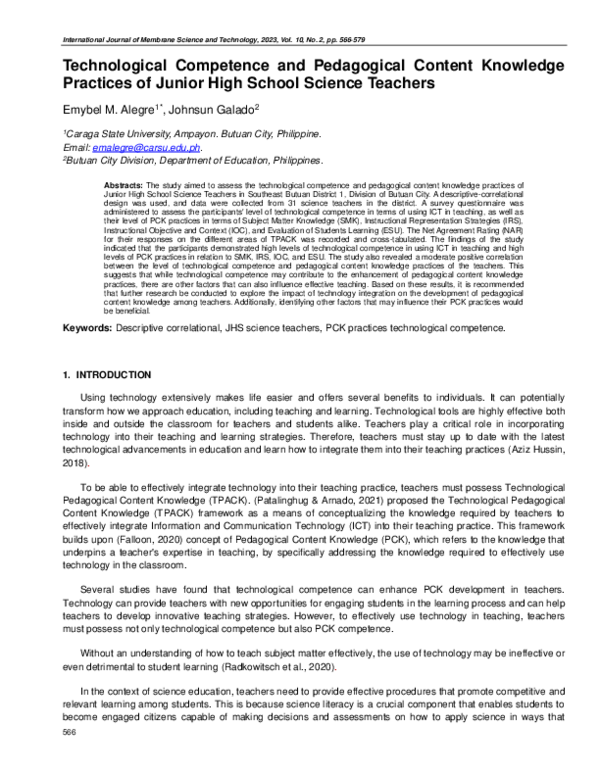 (PDF) Technological Competence and Pedagogical Content Knowledge Practices of Junior High School ...