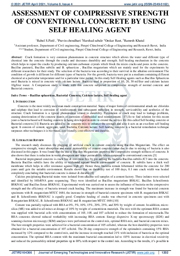 (PDF) Assessment of Compressive Strength of Conventional Concrete by Using Self Healing Agent