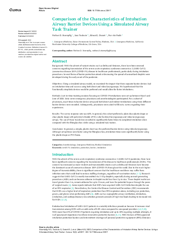 (PDF) Comparison of the Characteristics of Intubation Airway Barrier ...