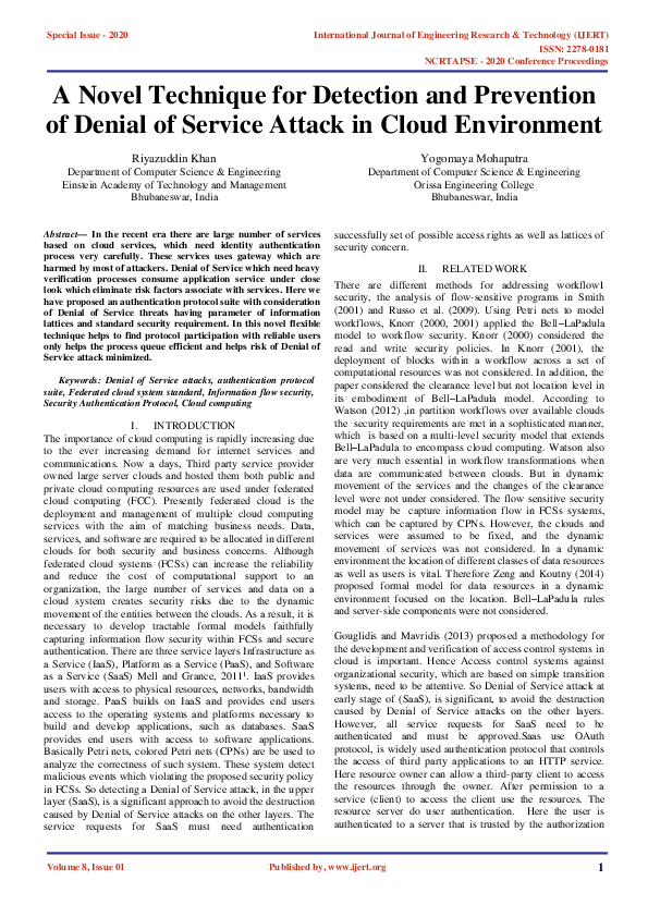Pdf A Novel Technique For Detection And Prevention Of Denial Of Service Attack In Cloud