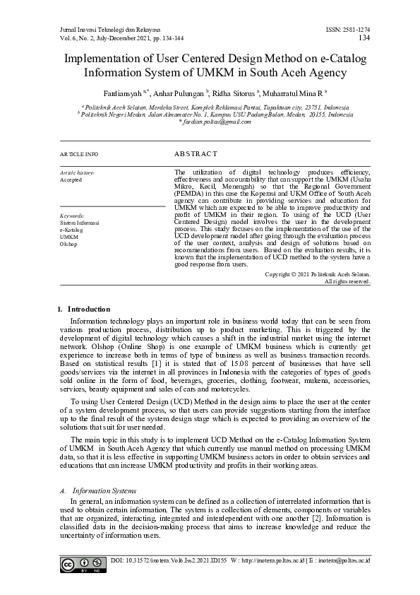 (PDF) Implementation of User Centered Design Method on e-Catalog Information System of UMKM in ...