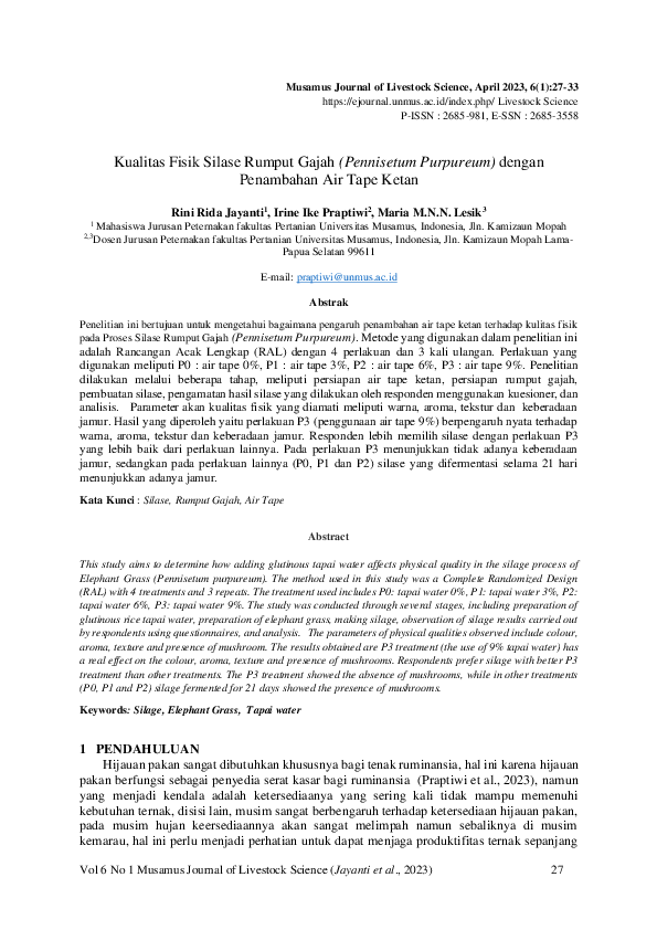 (PDF) Kualitas Fisik Silase Rumput Gajah (Pennisetum Purpureum) dengan Penambahan Air Tape Ketan