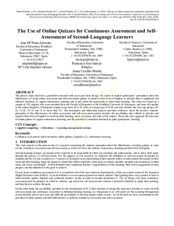 (PDF) The use of online quizzes for continuous assessment and self-assessment of second-language ...