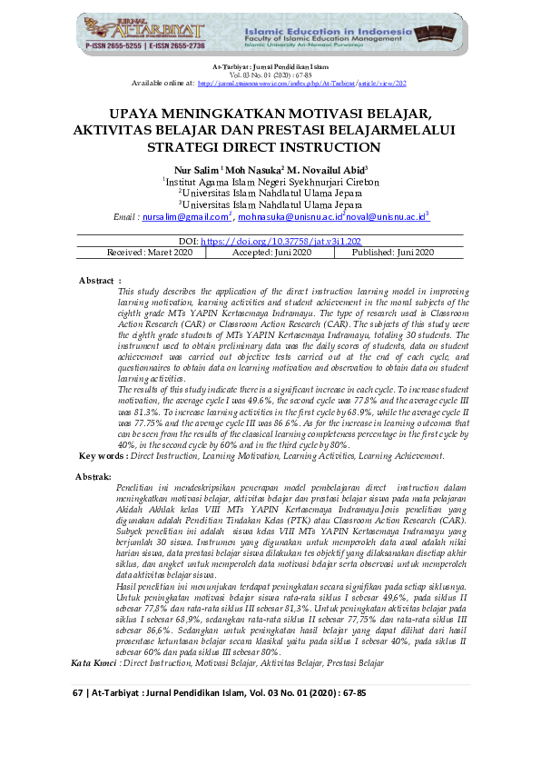(PDF) Upaya Meningkatkan Motivasi Belajar, Aktivitas Belajar Dan Prestasi Belajar Melalui ...