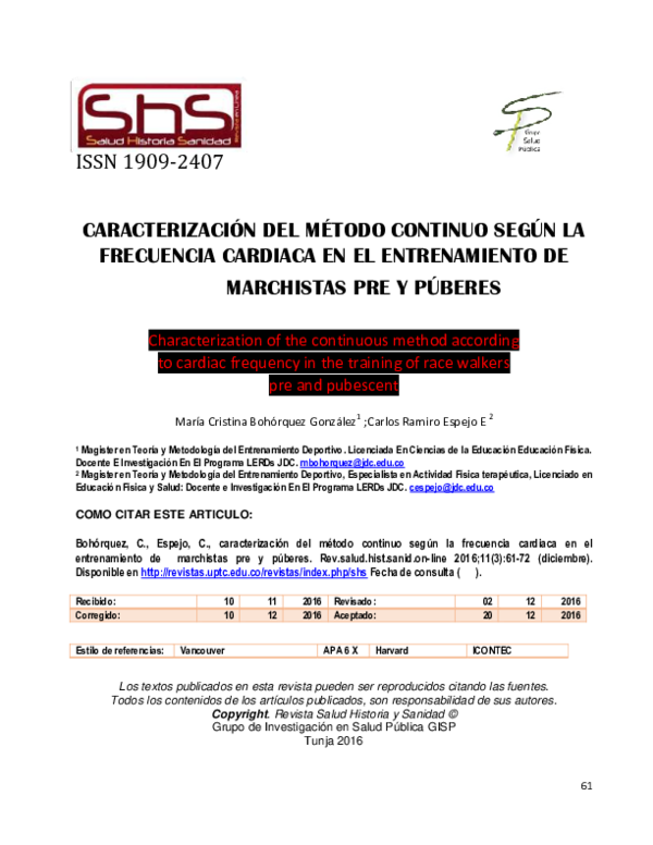(PDF) Caracterización Del Método Continuo Según La Frecuencia Cardiaca en El Entrenamiento De ...