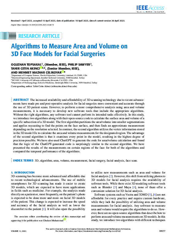 (PDF) Algorithms to Measure Area and Volume on 3D Face Models for ...