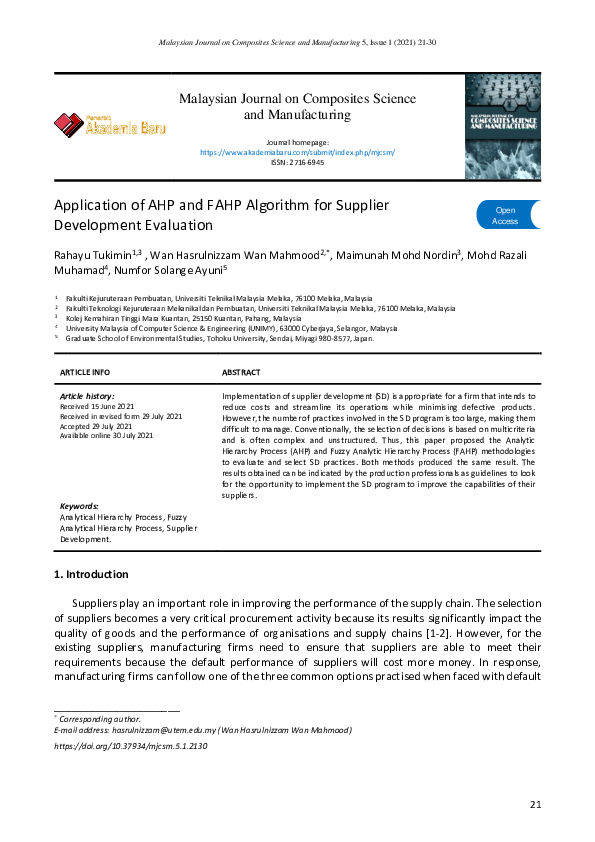 (PDF) Application of AHP and FAHP Algorithm for Supplier Development Evaluation