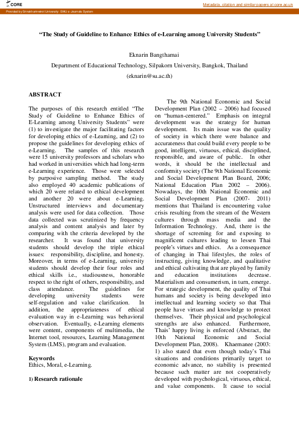 (PDF) The Study of Guideline to Enhance Ethics of e-Learning among ...