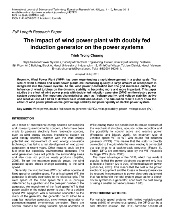 Pdf The Impact Of Wind Power Plant With Doubly Fed Induction Generator On The Power Systems