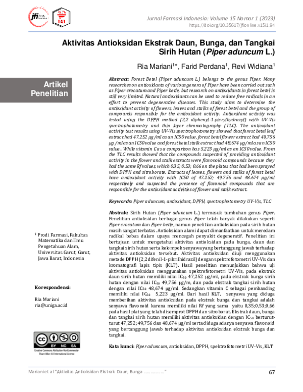 (PDF) Aktivitas Antioksidan Ekstrak Daun, Bunga, dan Tangkai Sirih Hutan (Piper aduncum L.)