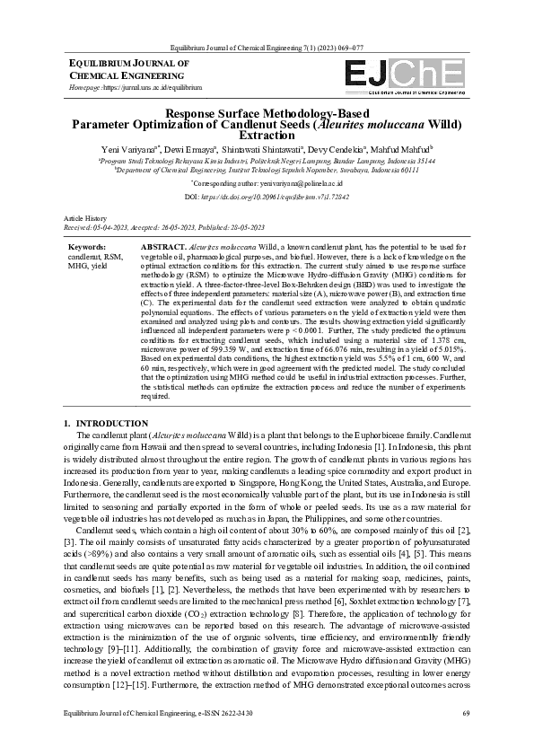 (PDF) Response Surface Methodology-Based Parameter Optimization of Candlenut Seeds Extraction ...