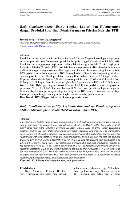 (PDF) Body Condition Score (BCS), Tingkat Laktasi dan Hubungannya ...