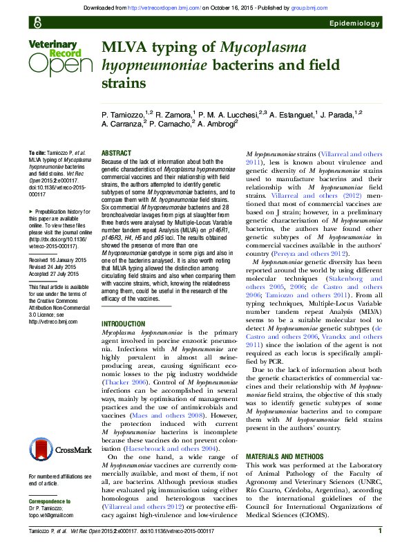 (PDF) MLVA typing of Mycoplasma hyopneumoniae bacterins and field strains