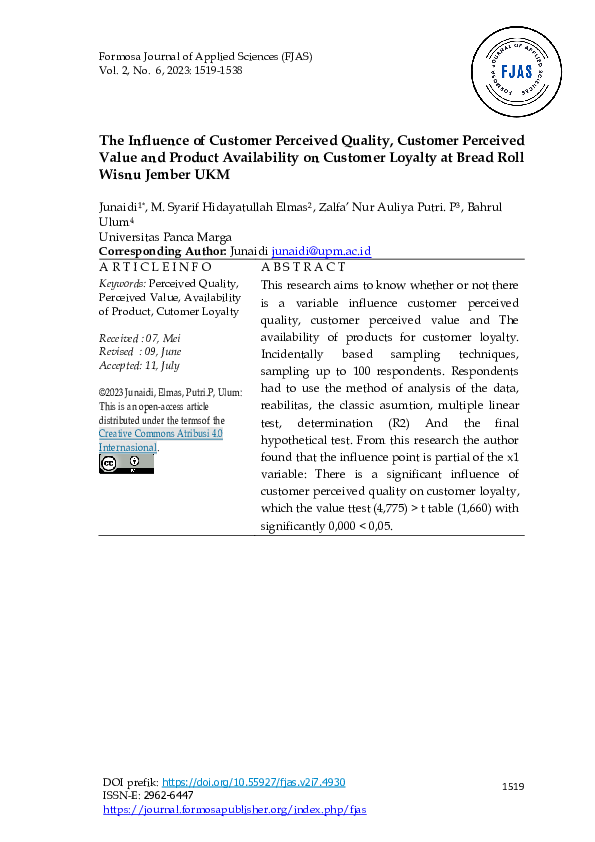 (PDF) The Influence of Customer Perceived Quality, Customer Perceived ...